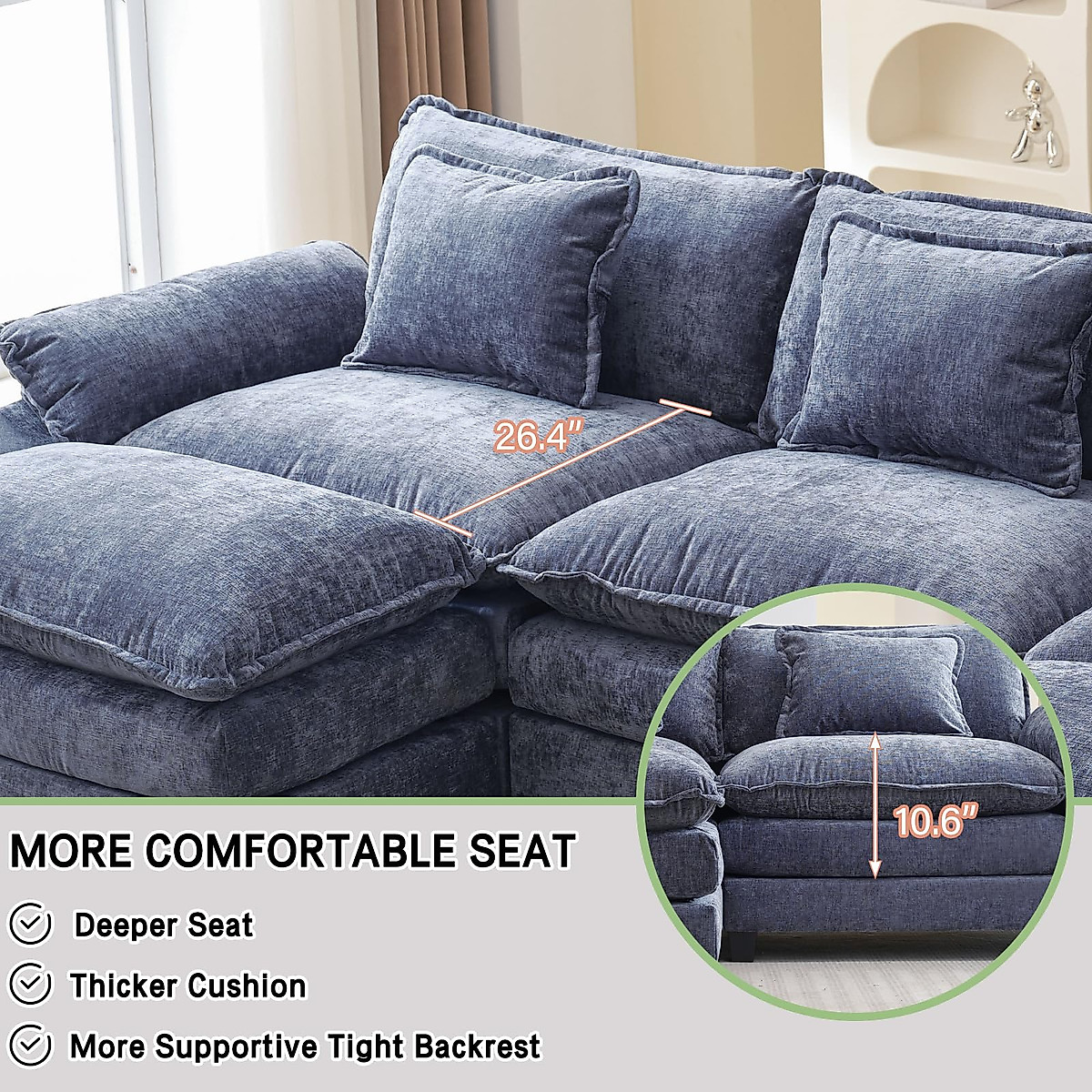 VUYUYU Sectional Sofa Comfy Cloud Couch for Living Room with Pillows, Modern Chenille Sofa Sleeper Deep Couches with Two Ottomans (Blue, 5-Seat)