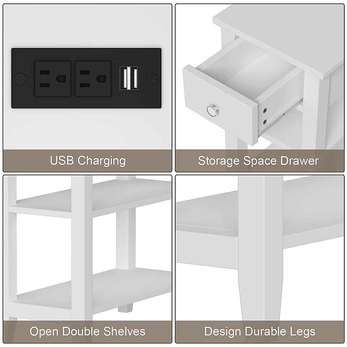 ChooChoo Narrow End Table with Charging Station, Side Table Living Room with USB Ports & Power Outlets and Hidden Drawer, 3-Tier Skinny Nightstand with 2 Open Storage Shelves for Small Place (White)