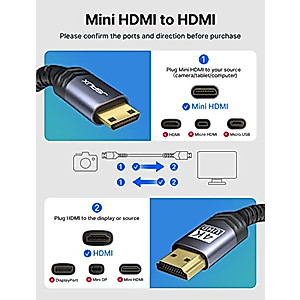 JSAUX Mini HDMI to HDMI Cable 6FT, [Aluminum Shell, Braided] High Speed 4K 60Hz HDMI 2.0 Cord, Compatible with Camera, Camcorder, Tablet and Graphics/Video Card, Laptop, Raspberry Pi Zero W -Grey