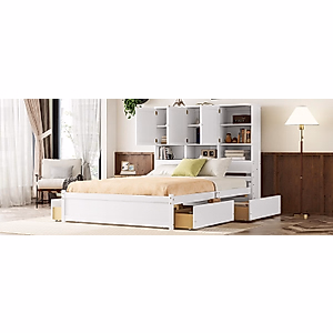 GM Ultra Queen Size Bed Frame with Storage Headboard, Bed Frame Queen Size with 4 Storage Drawers Cabinet, Platform Bed Frame Queen Size with Cabinet, No Box Spring Needed, Easy Assembly, White