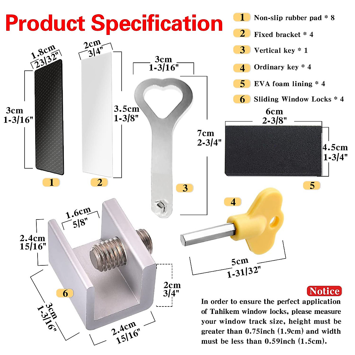 Tahikem 4 Sets Sliding Window Locks, Security Window Lock with Key, Aluminum Window Stoppers for Vertical & Horizontal Slide Door, Adjustable Security Locks, for Child Home Bedroom Double Hung Windows