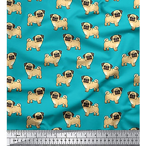Soimoi Dressmaking Pug Dog Print 58 Inches Wide Decorative Cotton Cambric Fabric by The Yard - Aqua Blue