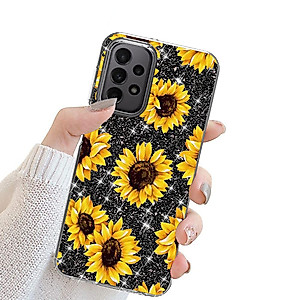 DDTKZC for Samsung Galaxy A23 5G Case，Samsung A23 5G Case Tempered Glass Protector Lustre Pattern-Sparkle 3 in 1 Clear Shockproof Case for Samsung A23 5G (Yellow Sunflower)