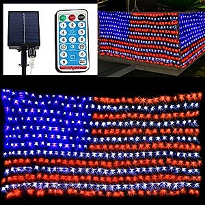 Qulist Solar Powered American Flag Lights, 420 LED Red White and Blue 4th of July Decorations Net Lights with Remote Control for Outdoor Indoor Independence/National/Memorial Day Patriotic Decor