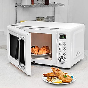 Moccha Compact Retro Microwave Oven, 0.7Cu.ft, 700-Watt Countertop Microwave Ovens w/5 Micro Power, Delayed Start Function, LED Display, Child Lock (White)