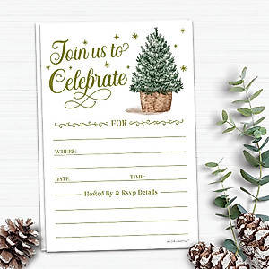 Christmas Invitations - Watercolor Tree - Holiday Party Invitations With Envelopes (20 Count) - Winter Celebration Invites