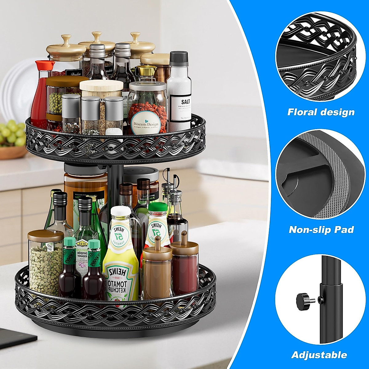 Lazy Susan Organizer Lazy Susan Turntable for Cabinet Table 2 Tier Lazy Susan Spice Rack Organizer 12 Inch Adjustable Height for Kitchen Dining Table Bathroom Vanity with Non-Slip Pad Black Metal