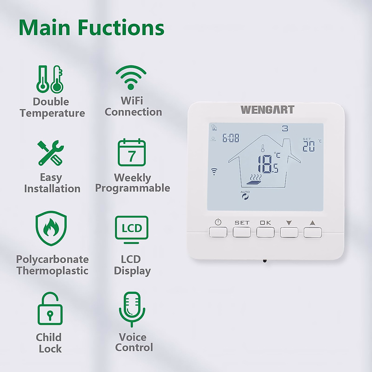 Wengart WiFi Smart Thermostat WG02B05,Heat Only 2.4GHz Wi-Fi APP TUYA for Radiant Floor Heating,Compatible with Alexa Echo/Google Home,AC90-240V Max3A White Backlight