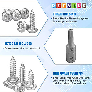 Glarks 51Pcs #8 x 1/2'' Button Head Torx Security Sheet Metal Screws Stainless Steel Tamper Resistant Screws Set with T20 Bit (50pcs #8 x 1/2'')