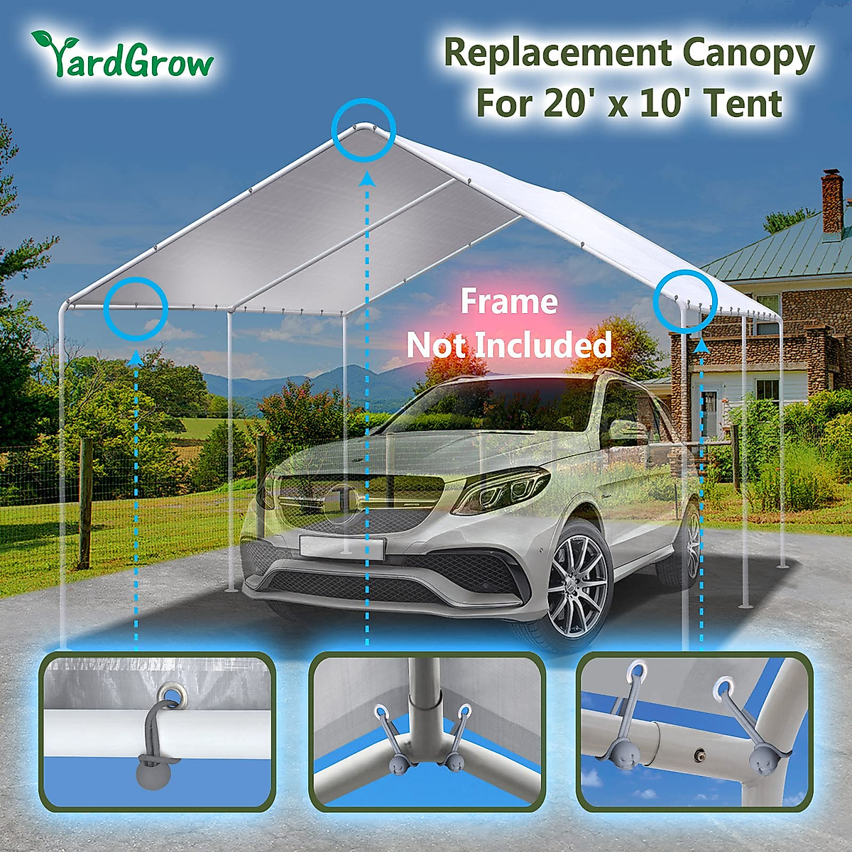 YardGrow 10'x20' Carport Canopy Top Replacement Cover Car Shelter Tent Canopy Replacement Cover, Top Cover Only-with Bungees-Outdoor Party and Commercial Use (Silver)