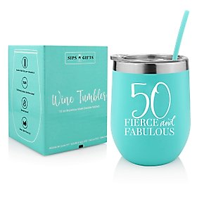 50th Birthday Funny Wine Gifts for Women, 12 oz Stainless Steel Wine Tumbler with Lid, Insulated Wine Glass for 50, Milestone Birthday Gift for Her, Presents for Turning Fifty and Fabulous, Travel Cup