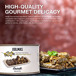 Emirelli Dolmas Stuffed Grape Leaves with Rice, Mediterranean Herbs in Extra Virgin Olive Oil – Super Tasty Ready to Eat Vegan Rolls - Traditional Turkish Recipe – Dolmades Can