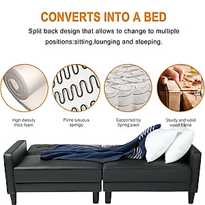 OQQOEE Futon Sofa Bed, Convertible Loveseat Couch with Adjustable Backrest, Faux Leather Upholstered Sleeper Sofa for Living Room & Apartment, Side Pockets, Black (Black, Loveseat)