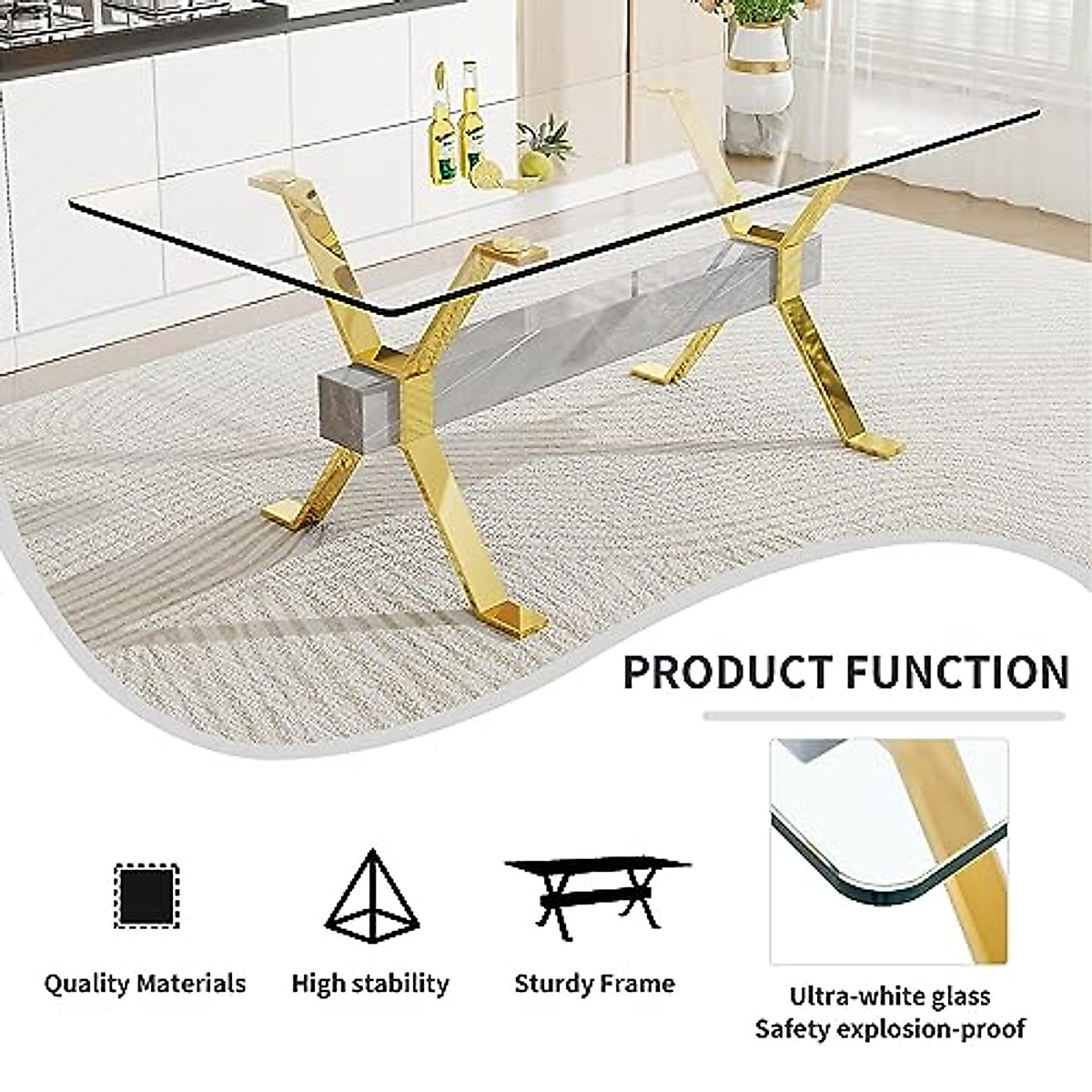 Glass Dining Table for 4, 79" Modern Kitchen Dining Room Table with Rectangular Tempered Glass Tabletop and Gold Plated Metal Legs for Dining Room (Gold)