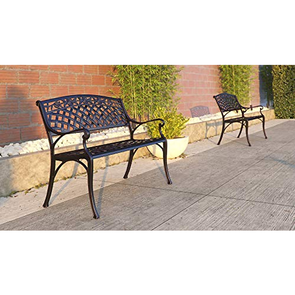 Patio Sense 63285 Scarlet Cast Aluminum Patio Bench Heavy Duty Rust Free Metal Construction Lightweight Easy Assembly for Front Porch Backyard Lawn Garden Pool Deck - Antique Bronze Finish