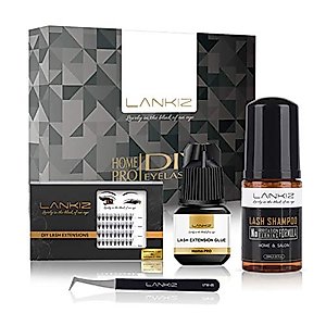 Home PRO DIY Lash Extension Kit for Home Use - LANKIZ Luxury Eyelash Extensions System for Self Application - Pack of Individual Sensitive Eyelash Extension Glue, Lash Tweezer & Shampoo