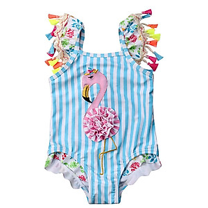 Kids Toddler Baby Girl One Piece Swimsuit Beach Wear Striped Flamingo Tassels Swimwear Bathing Suits 6-12 Months