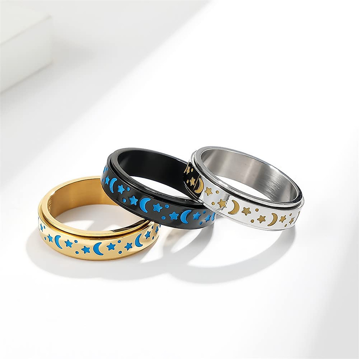 ZKXXJ Personalized Sun and Moon Stars Couple Rings Set for Him Her,Custom Matching Promise Rings for Couples Stainless Steel Dark Luminous Fidget Ring Anxiety Ring Engagement Wedding Band