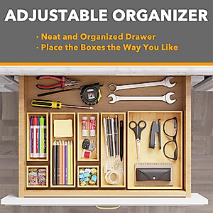 SpaceAid 7-Piece Bamboo Drawer Organizer Storage Boxes Set, Wood Tray Junk Drawer Organizers Multi-Use Divider Bins for Kitchen, Bathroom, Office Desk and Makeup Organization (7 Pack, Natural)