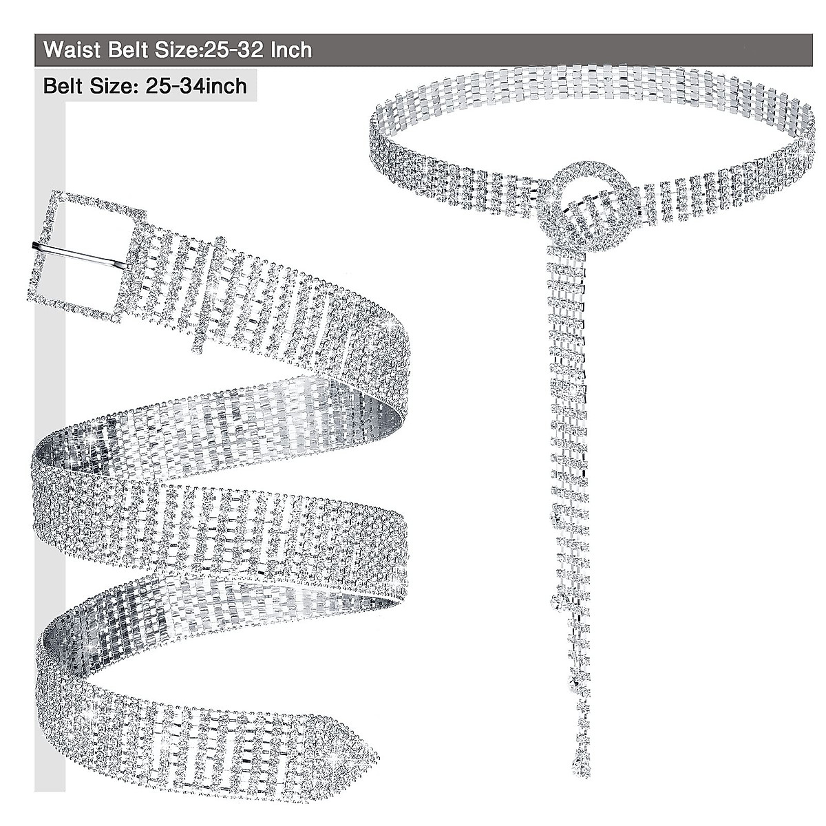 Vicenpal Rhinestone Belt 2 Pieces Shiny Crystal Ladies Waist Belt O Ring Belts for Women Wide Silver Chain Belt Bling Diamond Belt