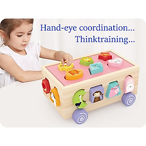 YUHAIPI Shape Sorter Car,Solid Wood,18 Building Blocks with Animal & Numbers Photos,Best Game for Hand-Eye Coordination &Thinktraining,Great Gift for 2-3-4 Years Old Boys and Girls.