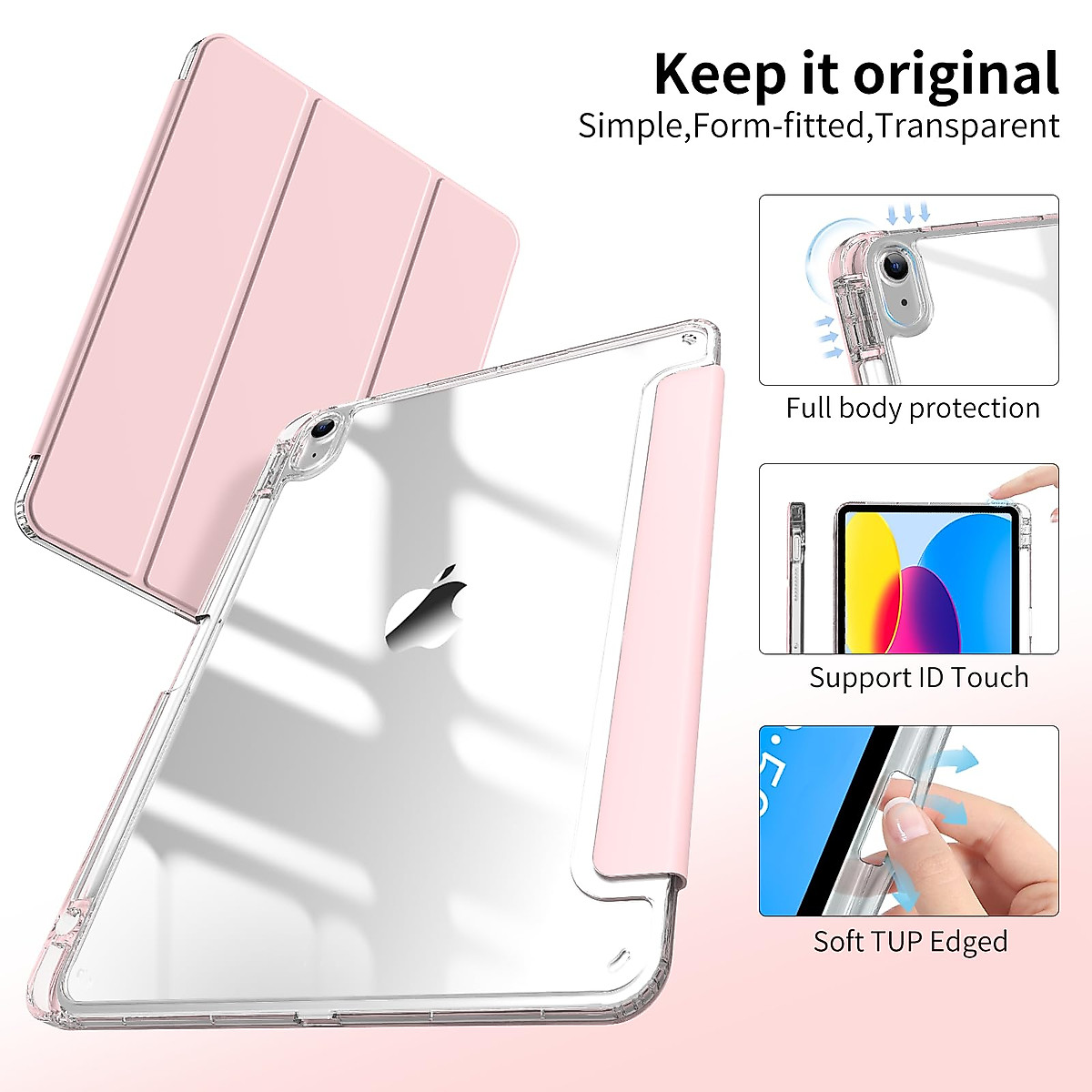 KVTVOU 10th Generation Case 2022 Built-in with Pencil Holder, Auto Wake/Sleep, Clear & Slim Back with Trifold Stand Protective Cover for 10th Gen 2022 Mdoel 10.9 Inch Case, Light Pink