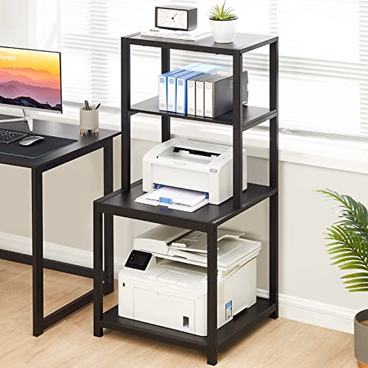 GreenForest L Shaped Desk 47 inch Reversible Corner Gaming Computer Desk with Storage Shelves and 49.2 inch Large Tall 4 Tier Printer Stand with Storage Shelf