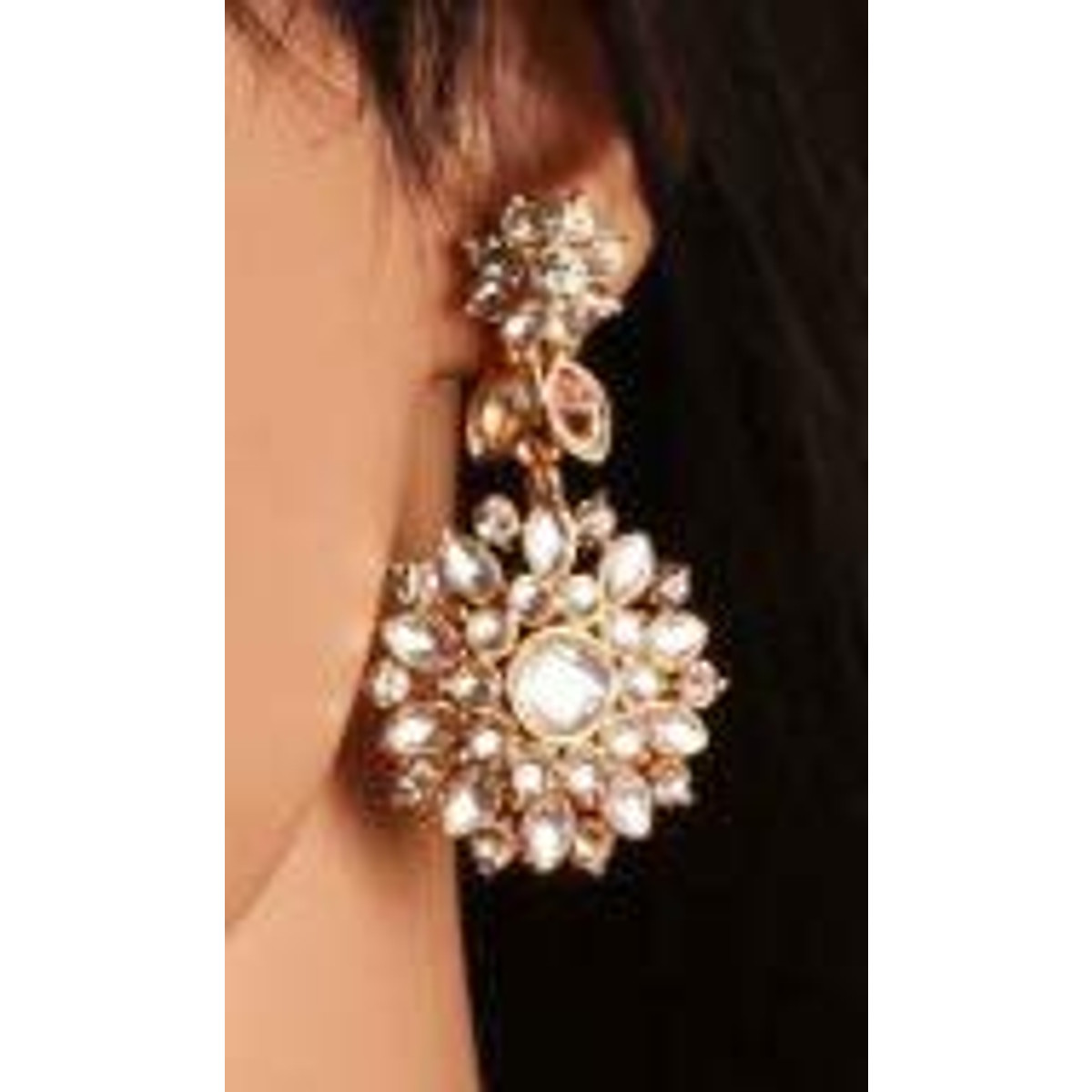 Touchstone"Contemporary Kundan Collection" Indian Bollywood Mughal Inspired Kundan Polki Look Rhinestone Designer Jewelry Long Earrings Gold Tone For Women.