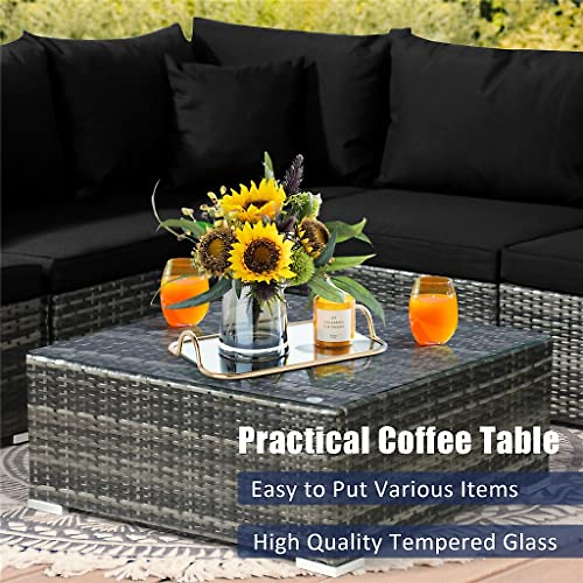 LUKEO 7PCS Patio Rattan Furniture Set Sectional Sofa Garden Black Cushion Corner Sofas and Single Sofas