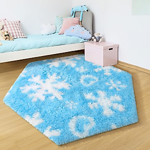EVOIONOS Forzen Princess Tent Rug, 4x4.6 Feet Frozen Rugs for Girls Bedroom, Fluffy Snowflake Rug for Frozen Room Decor, Plush Carpet for Kids Room Playroom Nursery Decor, Cute Hexagon Blue Rugs