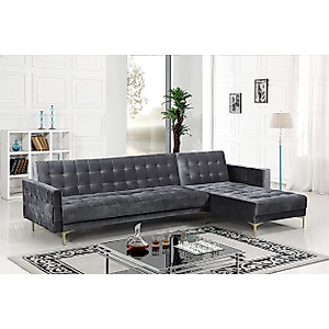 Iconic Home Amandal Convertible Sofa Sleeper Bed L Shape Chaise Tufted Velvet Upholstered Gold Tone Metal Y-Leg Modern Contemporary, Right Facing Sectional, Grey Velvet