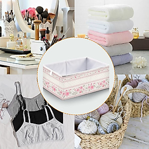 linqin Floral Pattern with Pink Roses Collapsible Open Storage Bins, Foldable Toy Nursery Storage Basket Bin Cloth Cube Rectangular Organizer with Handles for Shelves Closet Home Decor