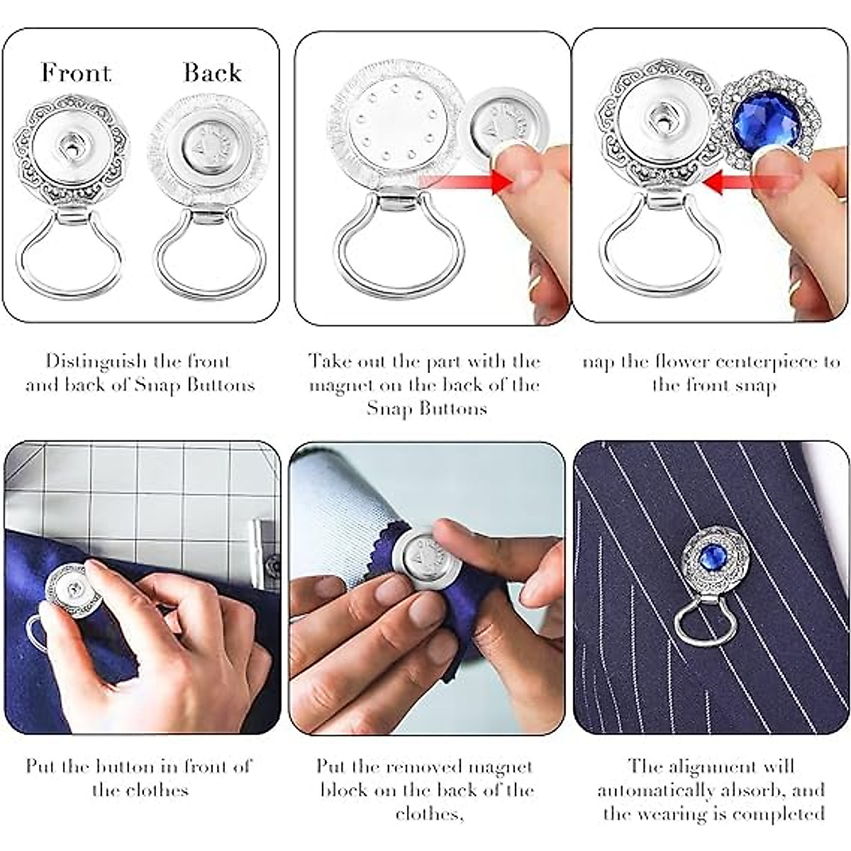 MJartoria Interchangeable Snap Buttons Centerpiece Rhinestone Eye Glass Holding Brooch (Silver Color)