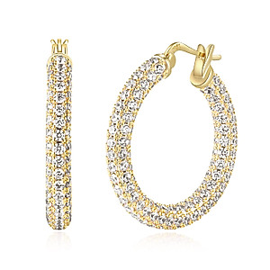 CiNily Hoop Earrings for Women, 925 Sterling Silver Earrings Hypoallergenic 14K Gold Plated Lightweight White Cubic Zirconia Chunky Open Hoops Jewelry 1.2"