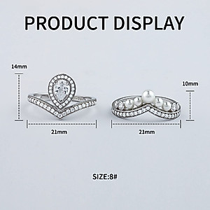 Kemstone 925 Sterling Silver Rings Water Droplets and Pearl 2 Piece Ring Sets for Women (8)