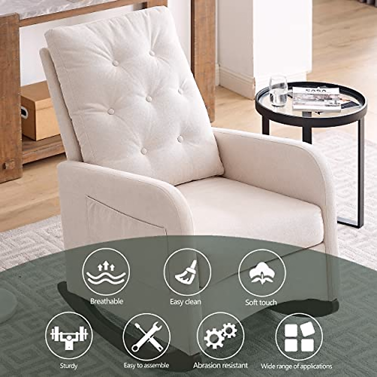 Deolme Modern Accent Rocking Chair, Button Tufted Upholstered Glider Rocker for Nursery, Comfy Armchair with Side Pocket, Lounge Chair with High Backrest for Living Room, Bedroom (Fabric Light Beige)