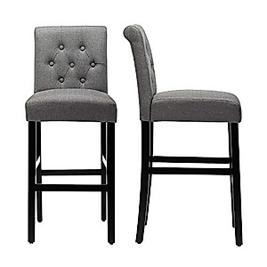 LSSBOUGHT 30 Inches Stylish Fabric Barstools with Solid Wood Legs and Button-Tufted Back,Set of 2 (Gray)