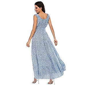 OSTOO Women's 2023 Summer Sleeveless Boho Floral Print Tiered Casual Flowy Long Maxi Dress (Blue, L)