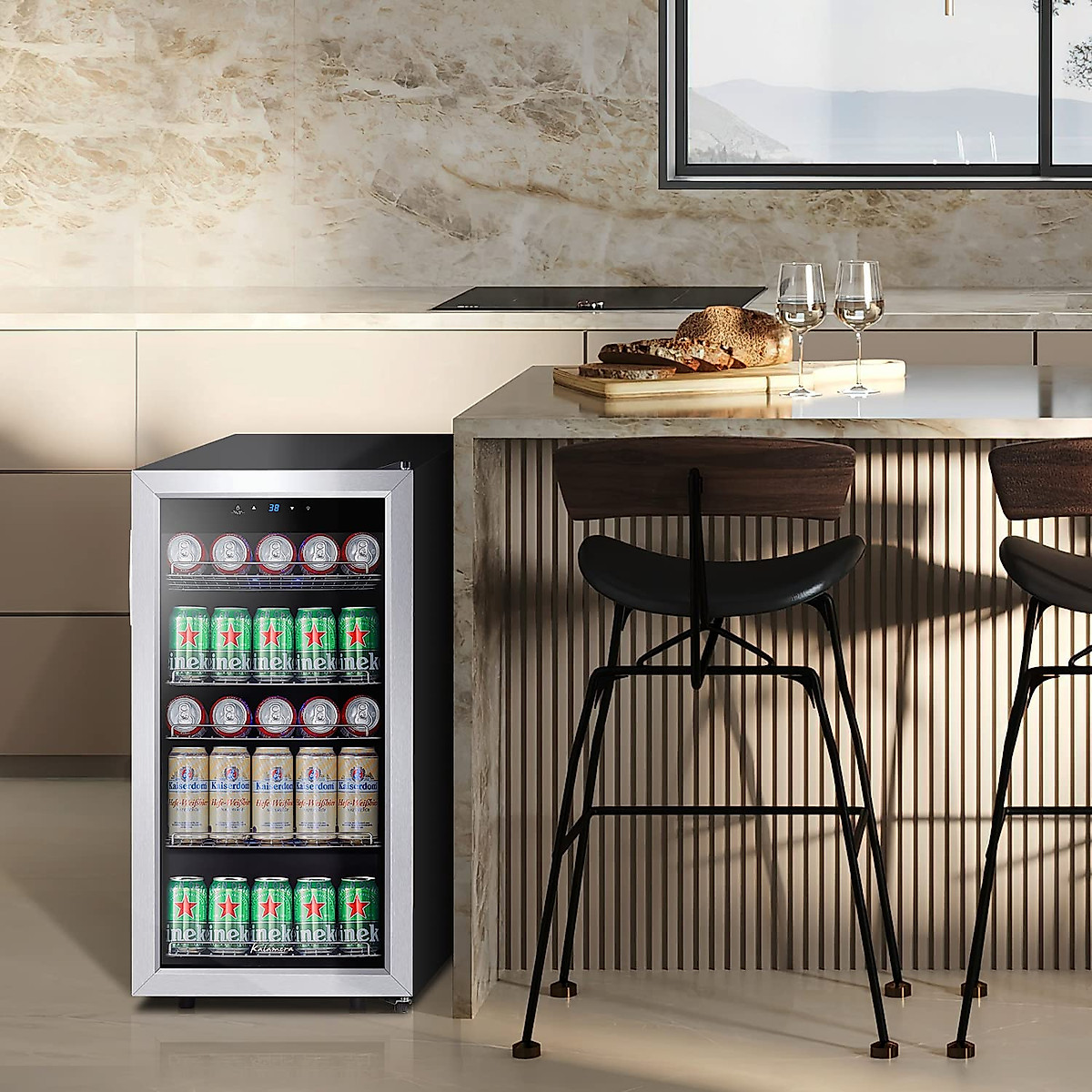 Kalamera Mini Beverage Refrigerator Freestanding- 120 Cans Capacity Beverage Cooler- for Soda, Water, Beer or Wine - For Kitchen or Bar with Whit Interior Light