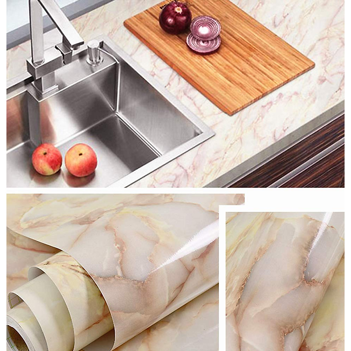 UPREDO Pink Jade Marble Paper Granite Look Effect Countertops Adhesive Paper Gloss Vinyl Film Wallpaper Self Adhesive Removable 15.8inch by 79inch