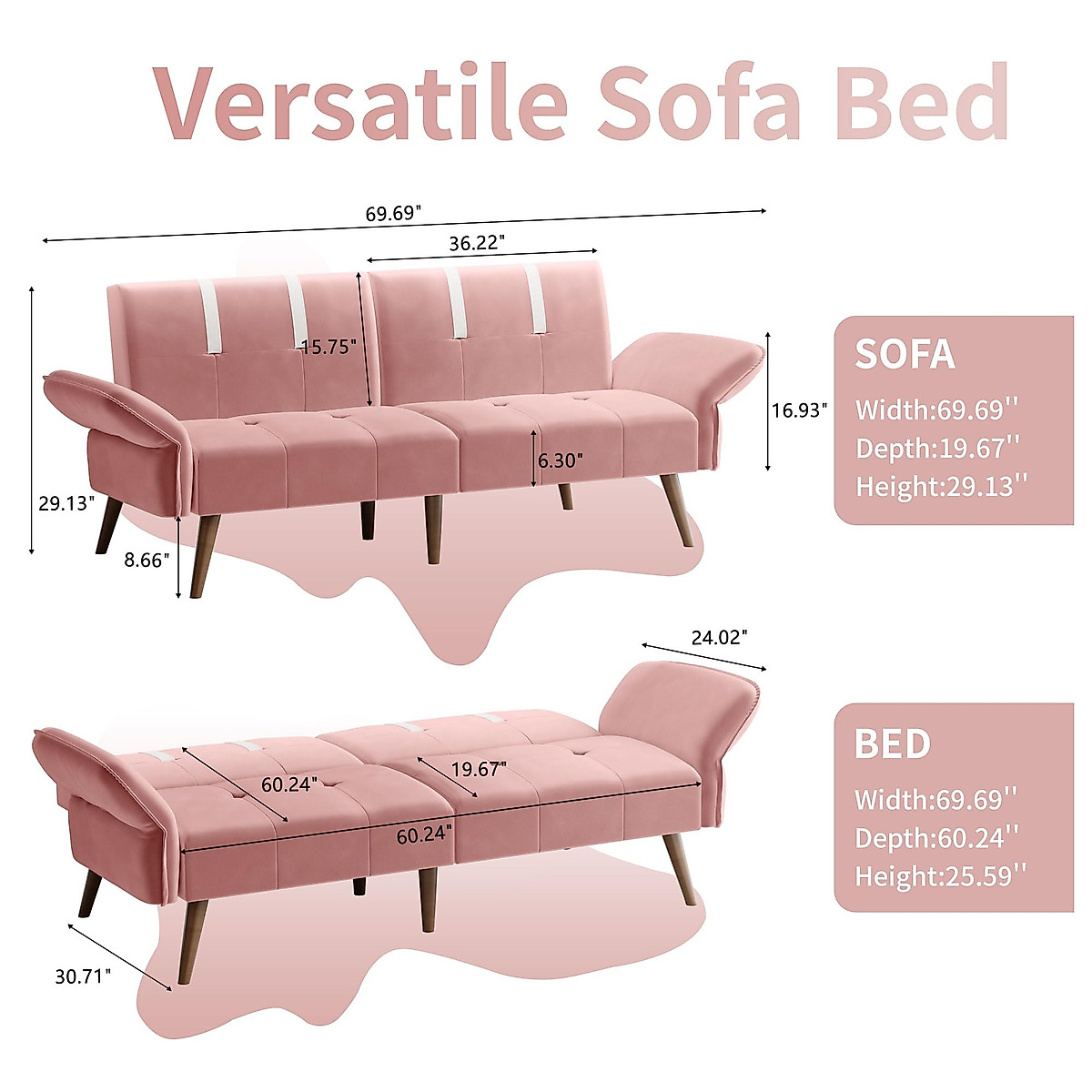 Shintenchi Futon Sofa Bed Modern Folding Sleeper Couch Bed for Living Room,Velvet Loveseat Sofa Couch Sofa cama for Apartments Office Small Spaces,w/Adjustable Armrests Backrest,Pink