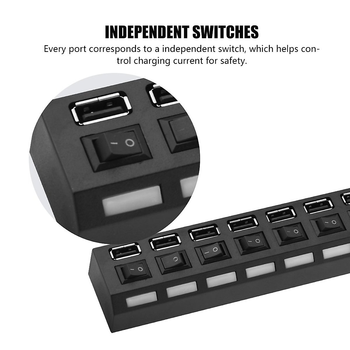7 Port USB Hub,480Mbps No Conflict Plug & Play USB 2.0 Charger Hub with 7 Independent Switches and Multi-Level for Mobile Phone, Tablet PC, Keyboard, Mouse, Hard Drive, etc