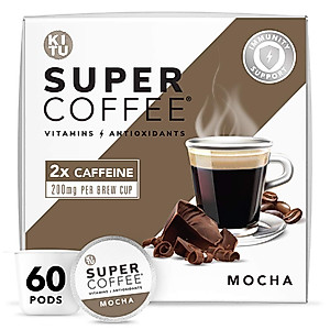 KITU SUPER COFFEE Pods, Energy & Immunity (2x Caffeine, Vitamins, Antioxidants) [Mocha] 60 Count | Keto Coffee Pods Compatible with Keurig 2.0 K-Cup Brewers