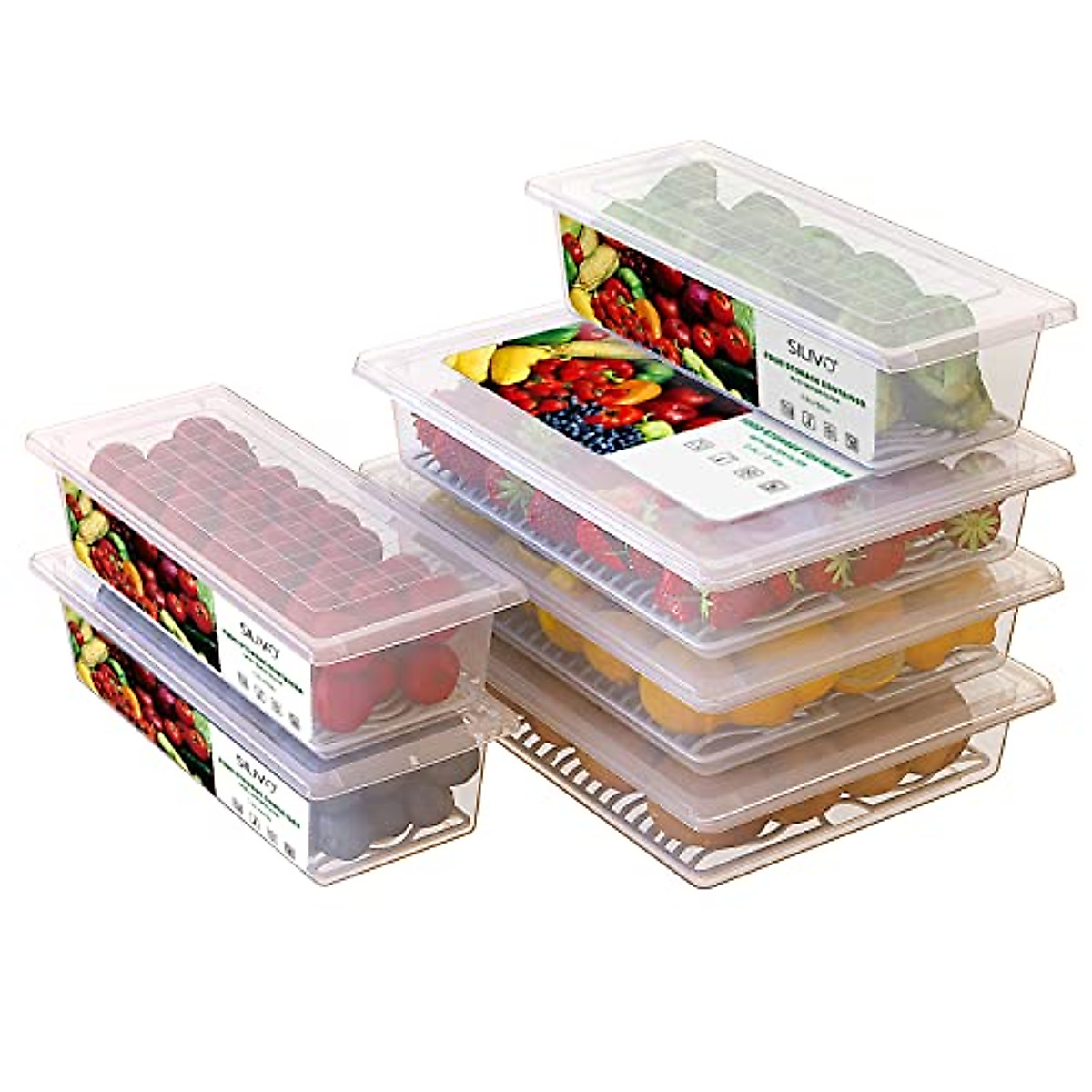 SILIVO 6 Pack Produce Saver Refrigerator Organizer Bins for Fruits and Vegetables- 3 Pack 1.5L + 3 Pack 2.5L