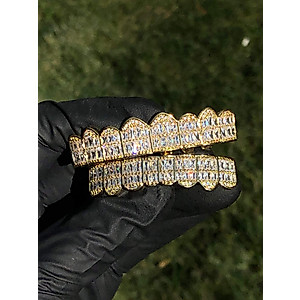 14k Iced Baguette Set 8 Teeth Joker Gold Grillz for Mouth Top Bottom Hip Hop Teeth Grills for Teeth Mouth Grillz for Mouth Top Bottom (Gold)