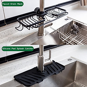 ISABETTA Faucet Sponge Holder with Hook and Silicone Faucet Sink Mat Sink Splash Guard Set,Detachable Hanging Faucet Drain Rack,Kitchen Faucet Splash Pad for Kitchen Bathroom (Black)
