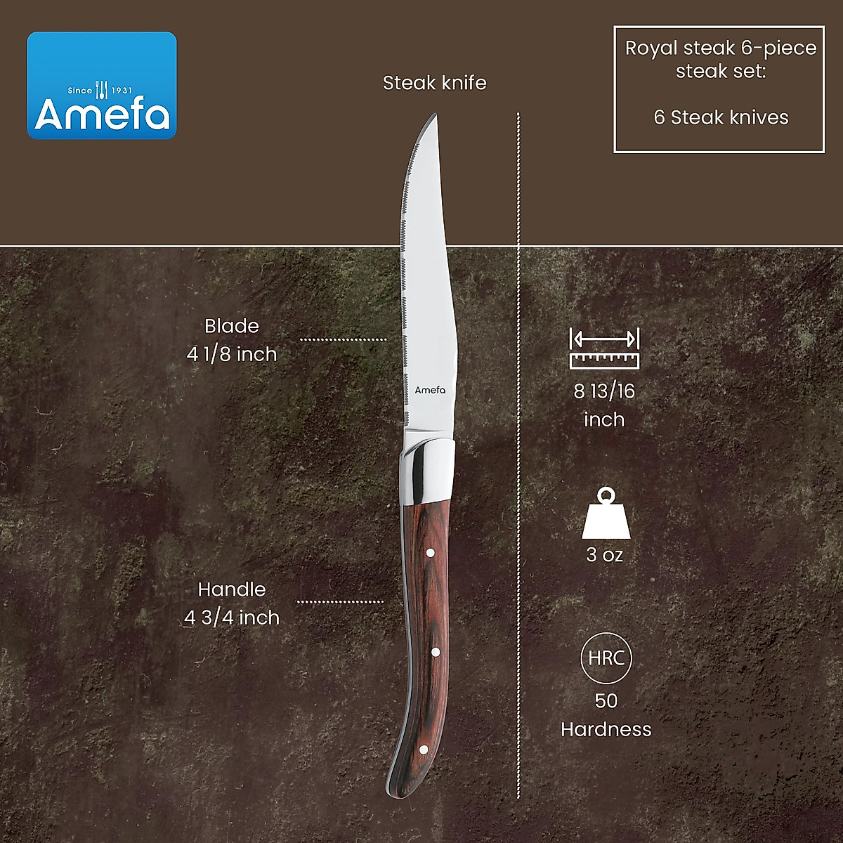 Amefa Royal Steak Knives, Set of 6, Premium Hardened Stainless Steel, Triple Rivet Pakka Wood Ergonomic Handle Design, Serrated Edge 4 Inch Blade Steak Knife, Dishwasher Safe.