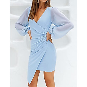 ZESICA Women's Wrap V Neck Bodycon Mini Dress Puff Long Sleeve Ruched Asymmetrical Hem Cocktail Party Short Dresses,LightBlue,Medium