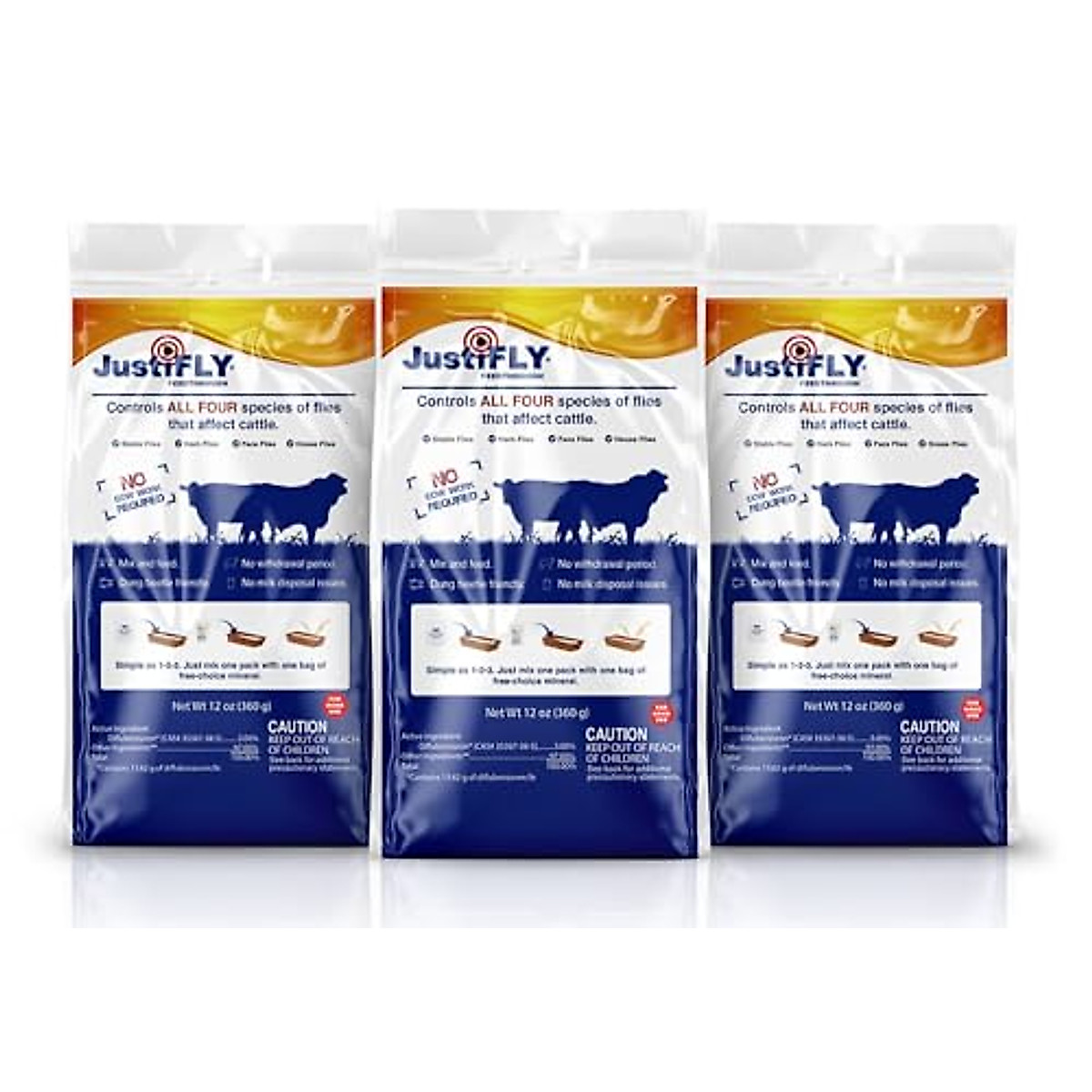 JustiFLY Champion USA Feedthrough Cattle Fly Control | Non-Toxic Larvicide. Controls All Four Fly Species That Affect Cattle. Over 50 Million Head Treated (3 Pack)