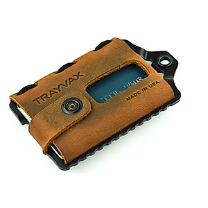 Trayvax Element Wallet, RFID Front Pocket Credit Card Holder with Money Clip, Minimalist Slim Leather Metal Wallet for Men and Women, Black Tobacco Brown